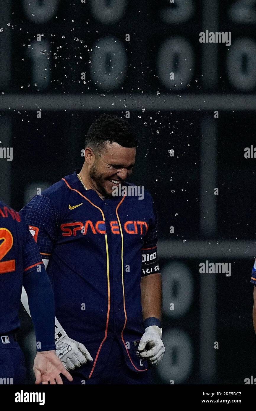 Houston Astros designated hitter Yainer Diaz celebrates after hitting a ...