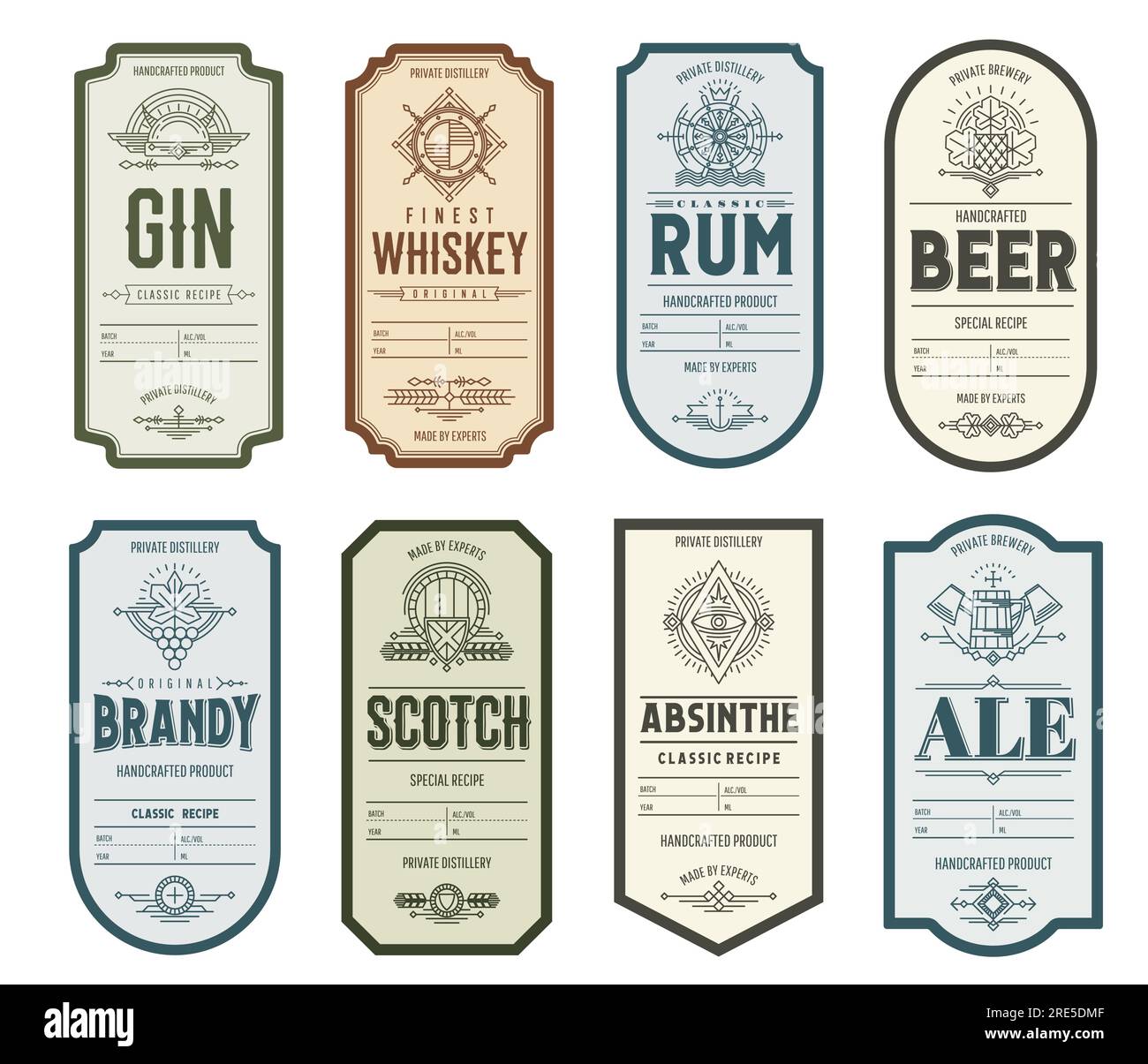 Vintage alcohol labels, brandy, whiskey and rum, absinthe and gin, beer, scotch and ale. Old ...