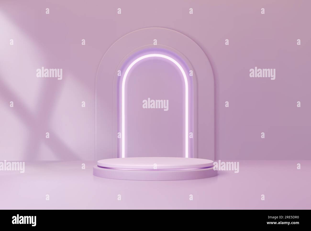 Purple podium with arch. Studio showroom empty platform, cosmetics ...