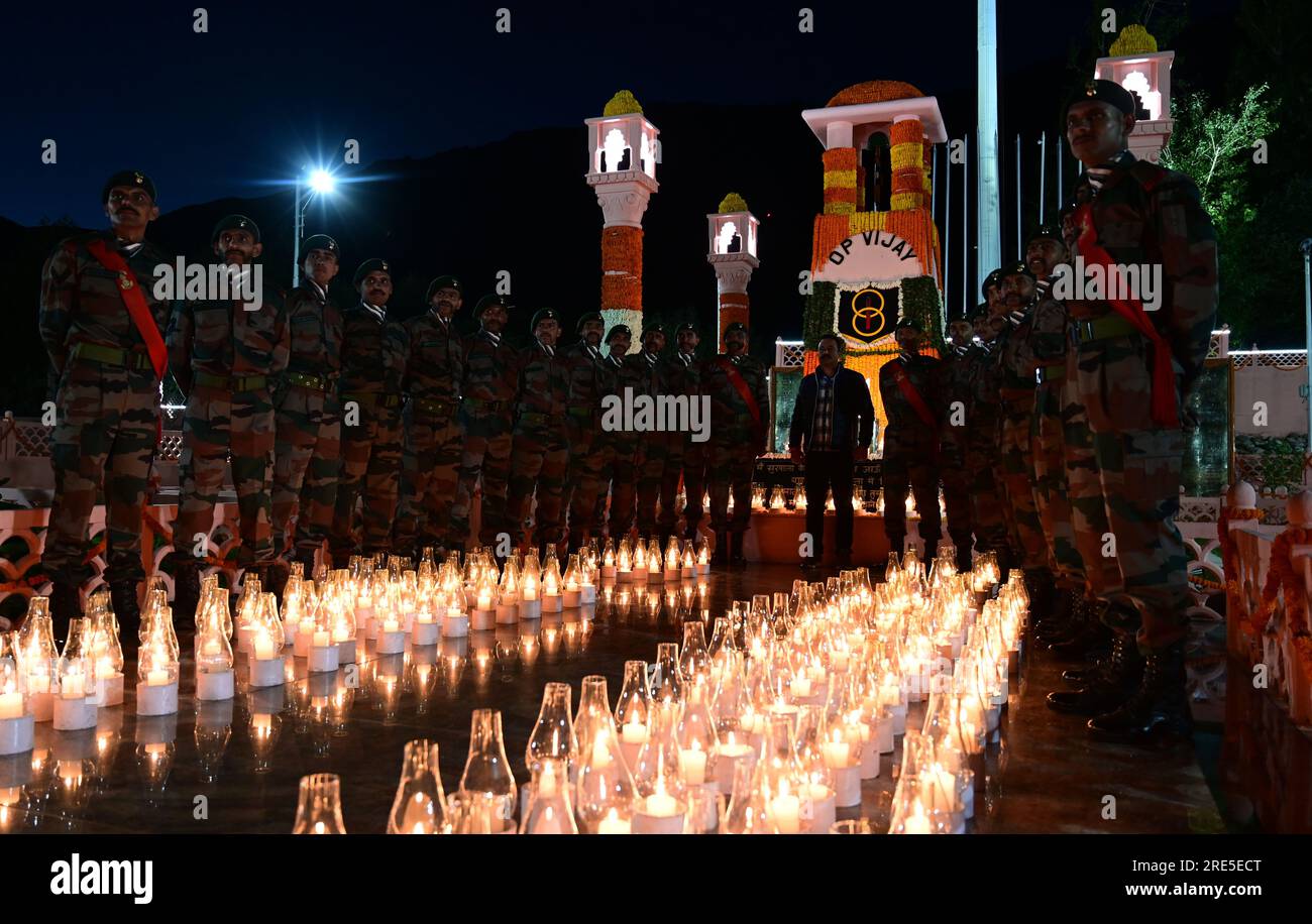 July 25, 2023, Drass Kashmir, India : A view shows the illuminated war ...
