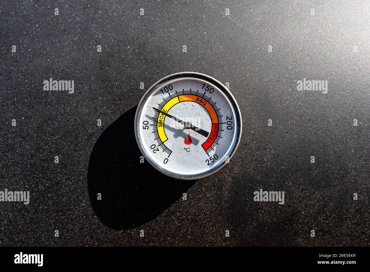 A round thermometer showing 70 degrees Celsius placed on a charcoal ...
