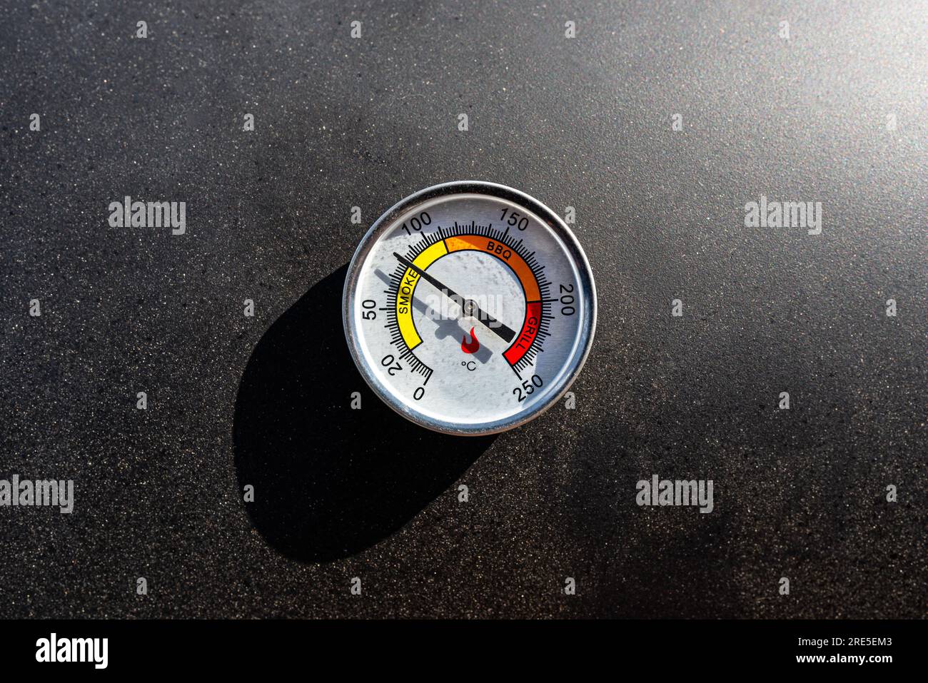 A round thermometer showing 80 degrees Celsius placed on a charcoal ...