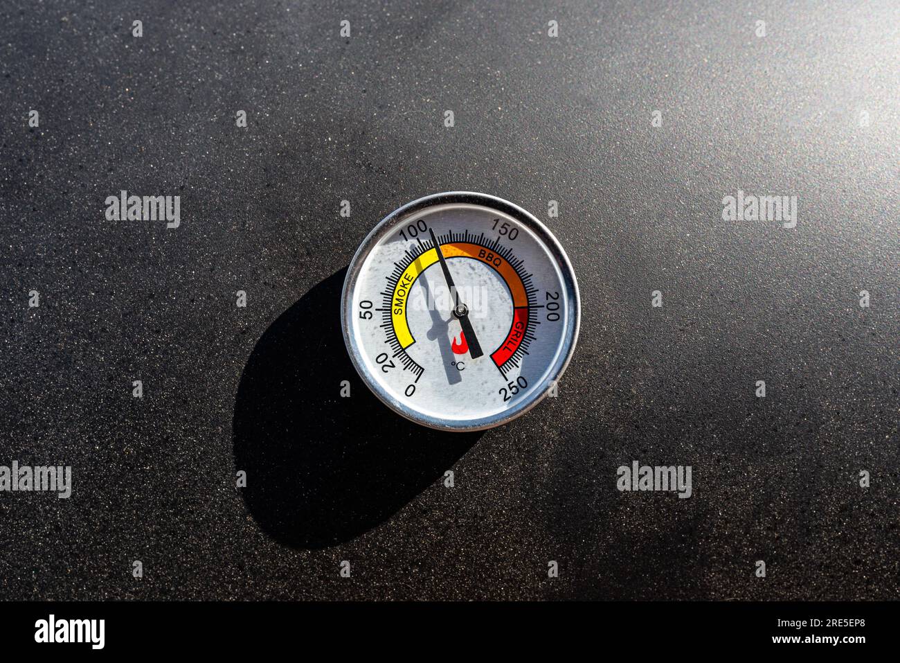A round thermometer showing 110 degrees Celsius placed on a charcoal ...