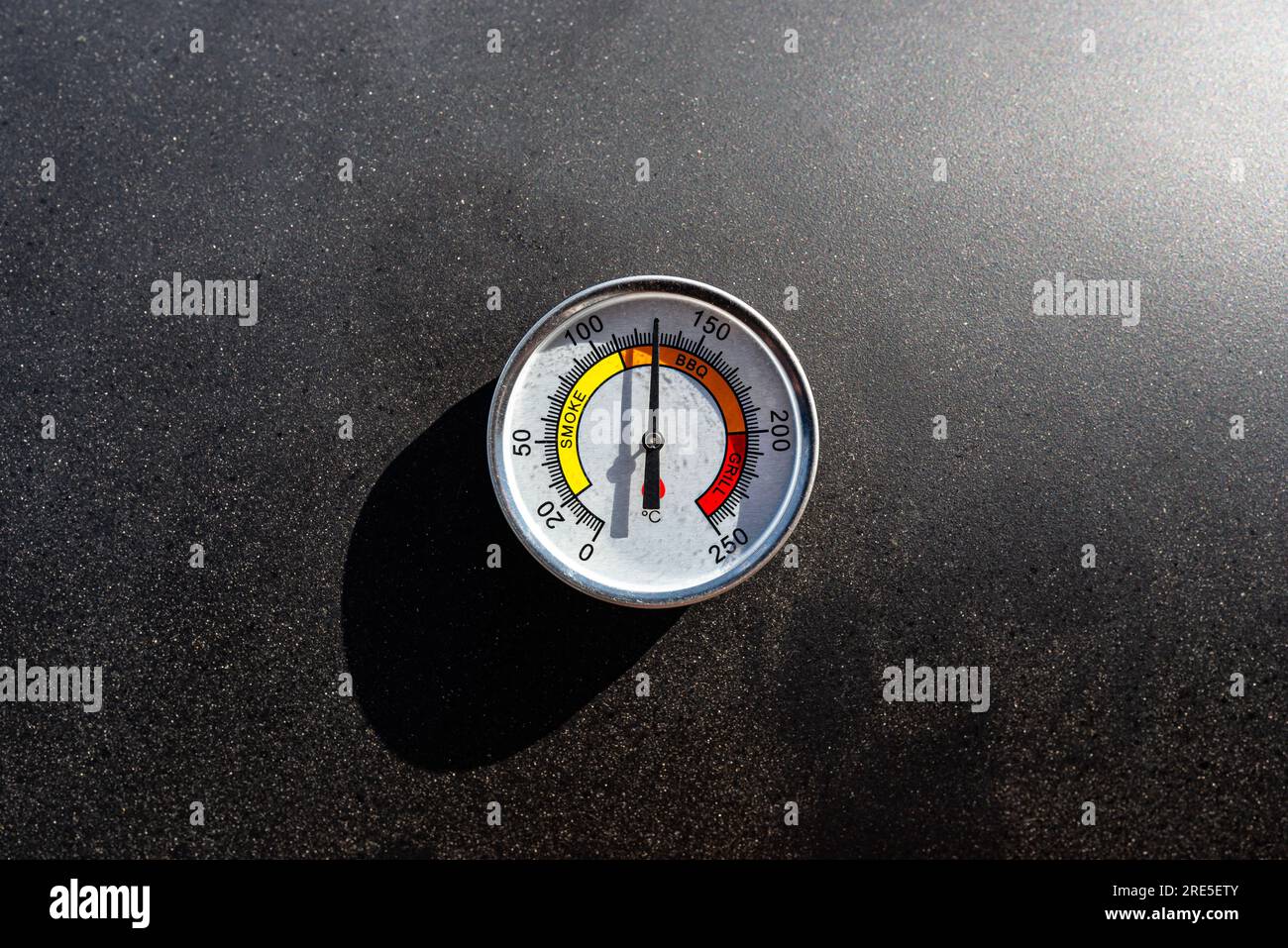 A round thermometer showing 130 degrees Celsius placed on a charcoal ...