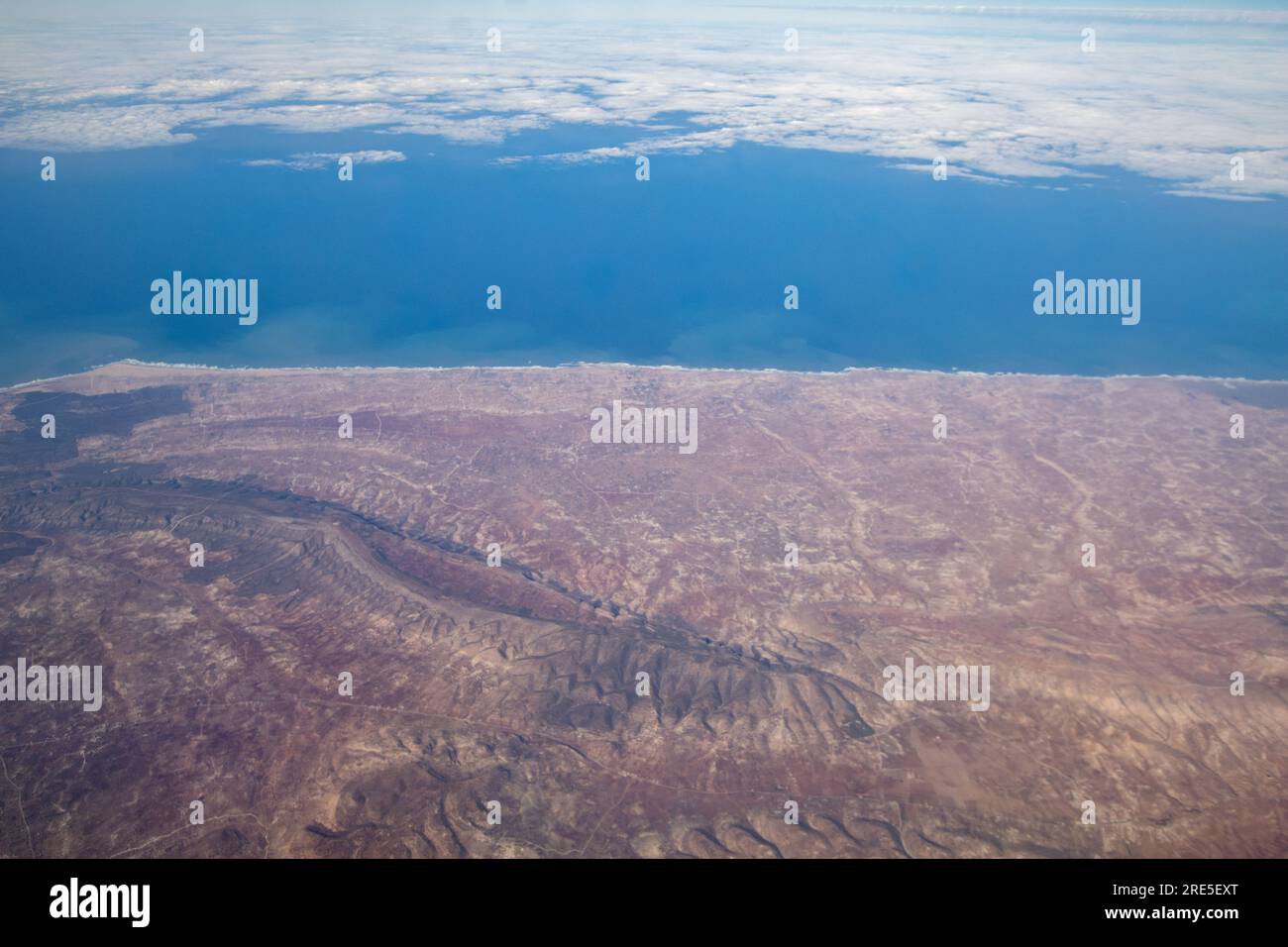 Aerial view from airplane during international flight. Travel in ...