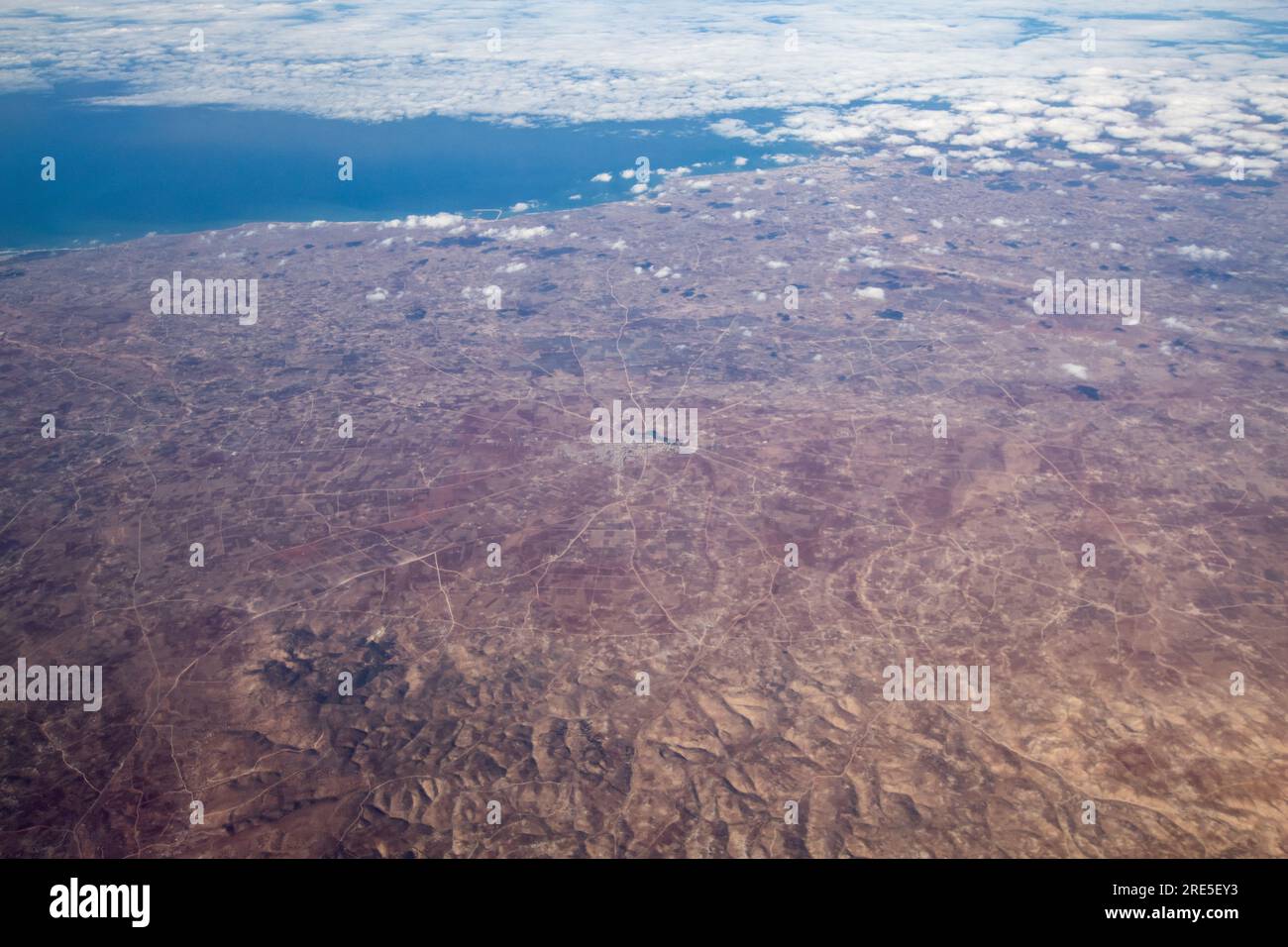 Aerial view from airplane during international flight. Travel in ...
