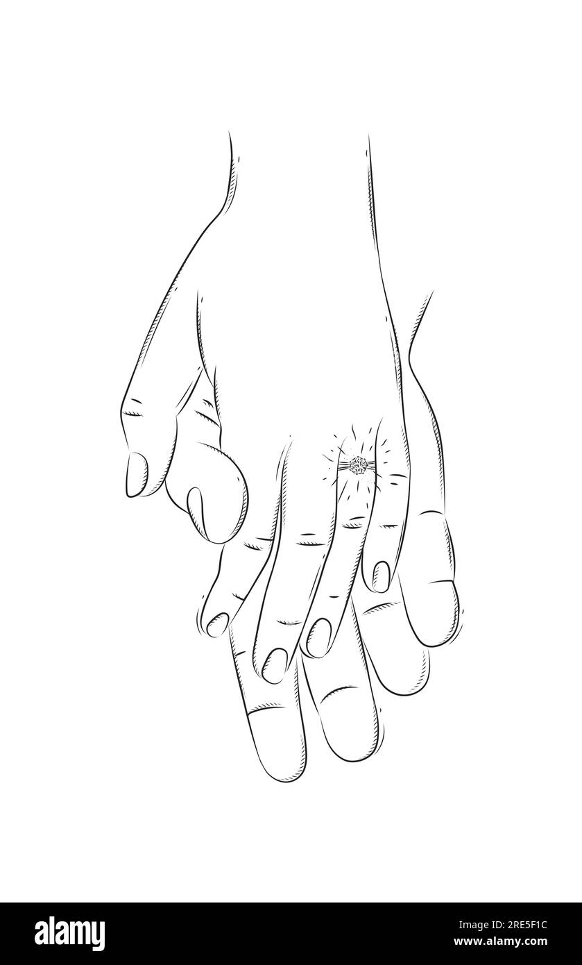 Hands of woman with ring and man holding each other and waiting for the ...