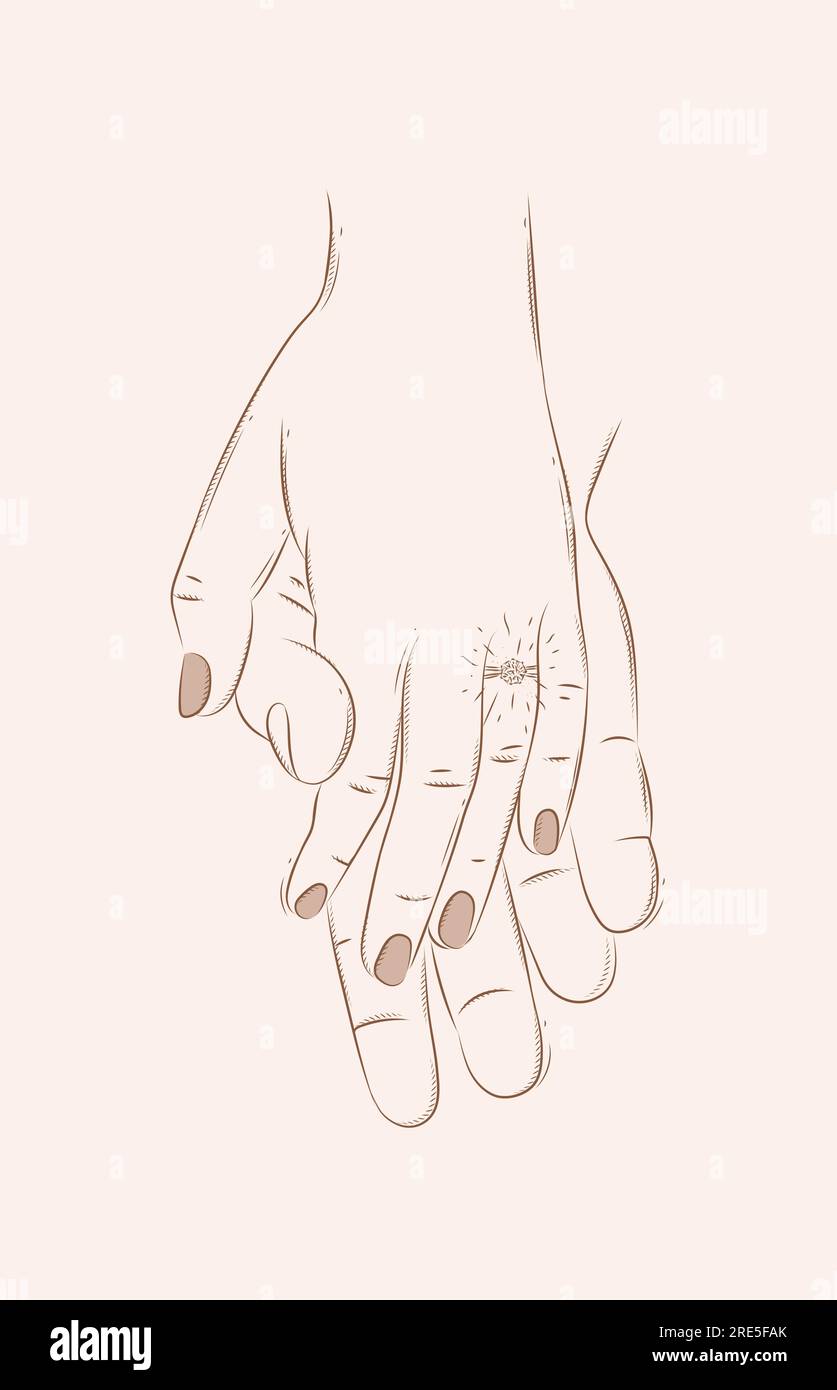 Hands of woman with ring and man holding each other and waiting for the ...