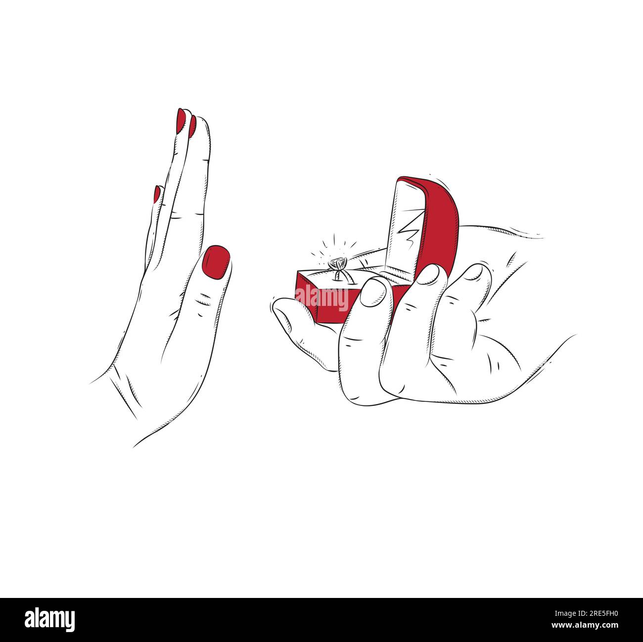 Woman hand reject marriage proposal with ring in jewelry box drawing on ...