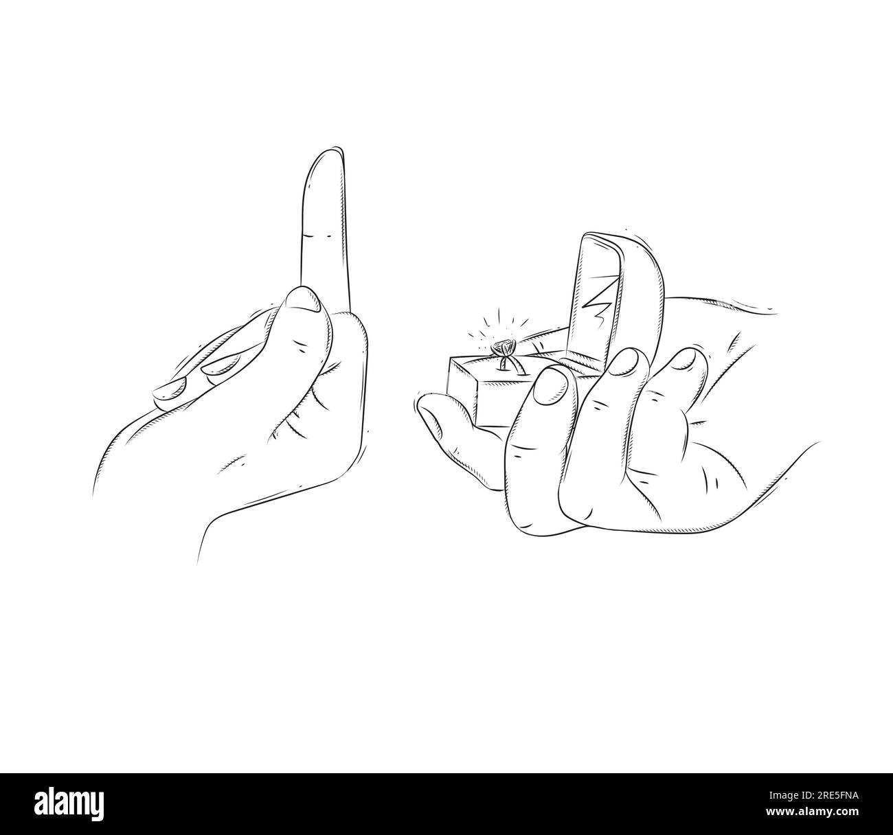 Woman hand hard reject marriage proposal with ring in jewelry box ...