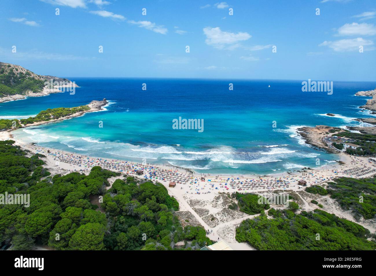 Aerial view of Cala Agulla beach in Mallorca, Spain, on a hot summer ...