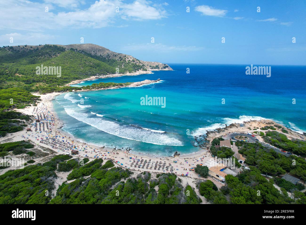 Aerial view of Cala Agulla beach in Mallorca, Spain, on a hot summer ...
