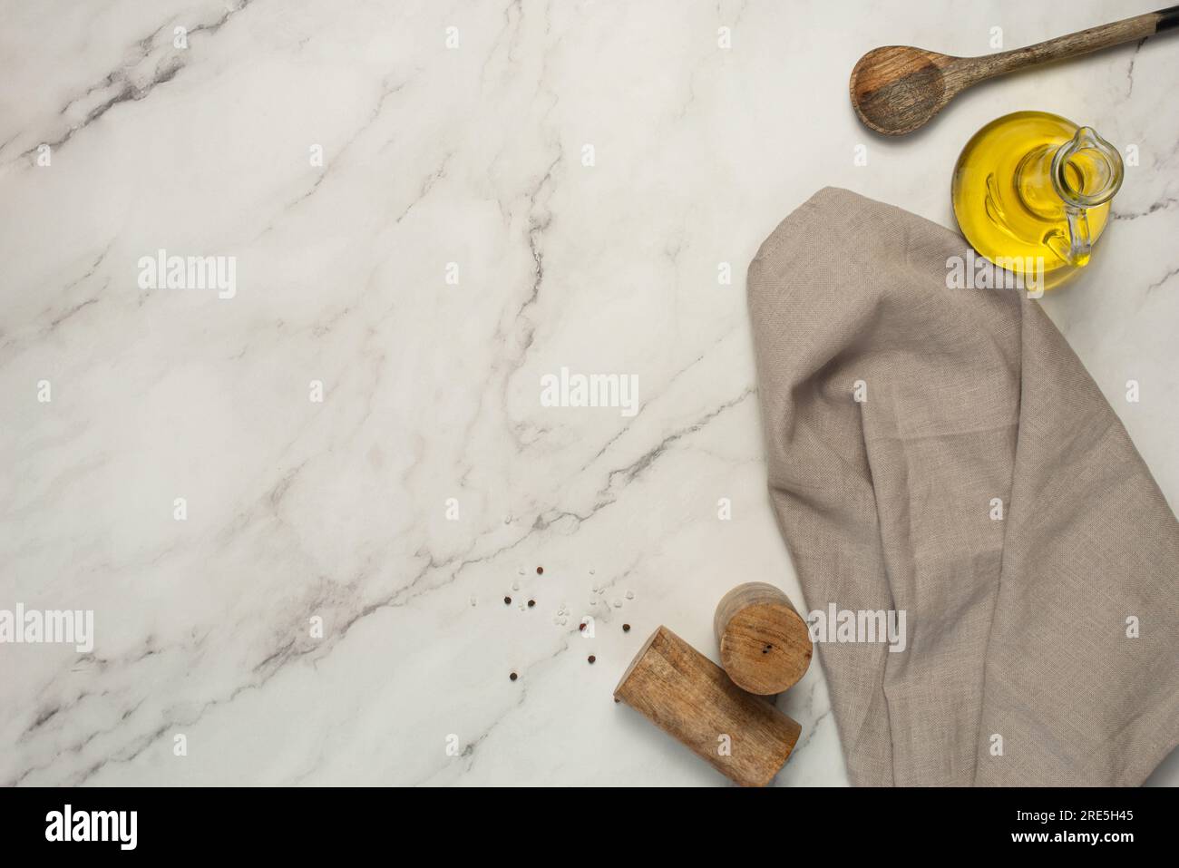 Gray cooking background with spices, oil and other kitchen tools Stock ...