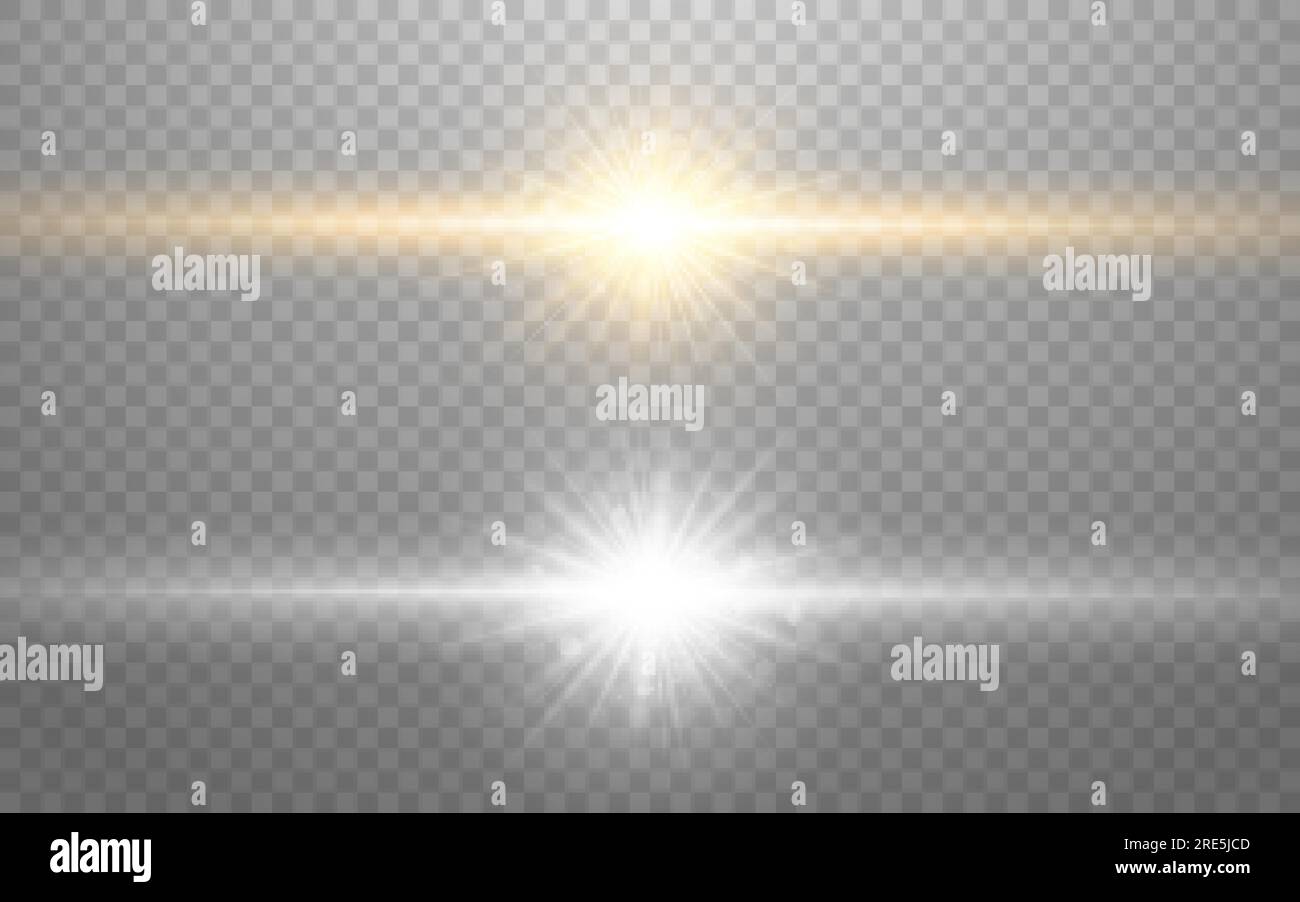 Light lines. Bright flashes set. Gold and silver rays. Glare effect on ...