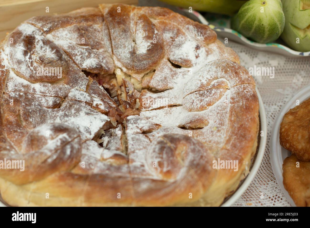 Apple pie. Delicious food. Flour pastries on table. Grandma's pie ...