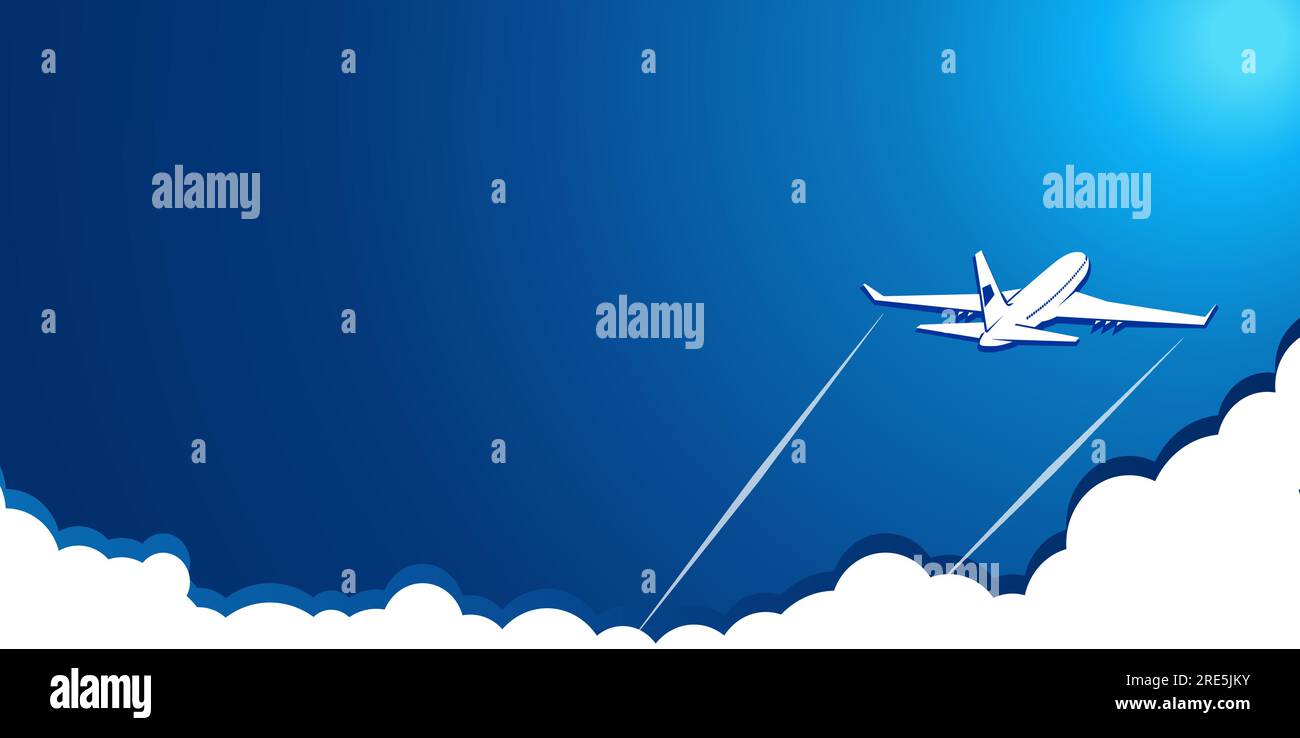 White plane in the blue sky rises above the clouds. Vector background ...