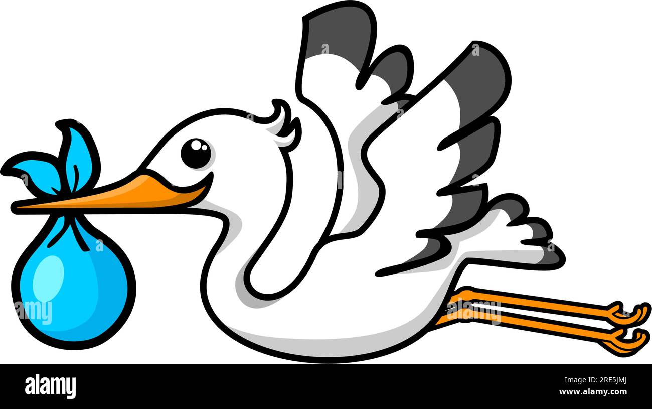 Cartoon stork carrying baby in bag. Can be used for cards, flyers ...