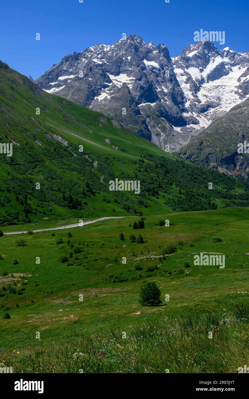 Mountains and green alpine meadows views near Col du Lautaret, Massif ...