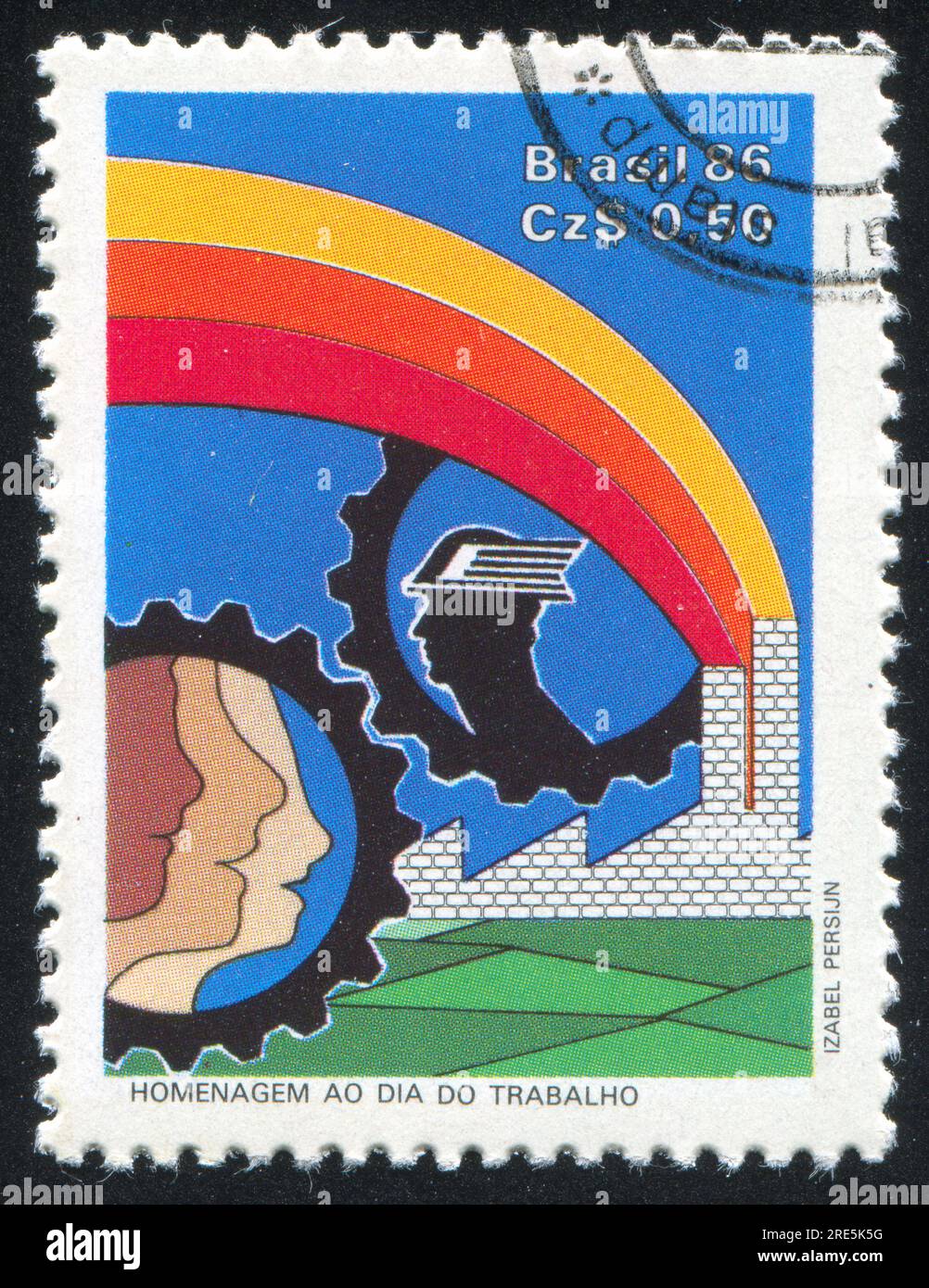 BRAZIL - CIRCA 1986: stamp printed by Brazil, shows Labor Day emblem ...