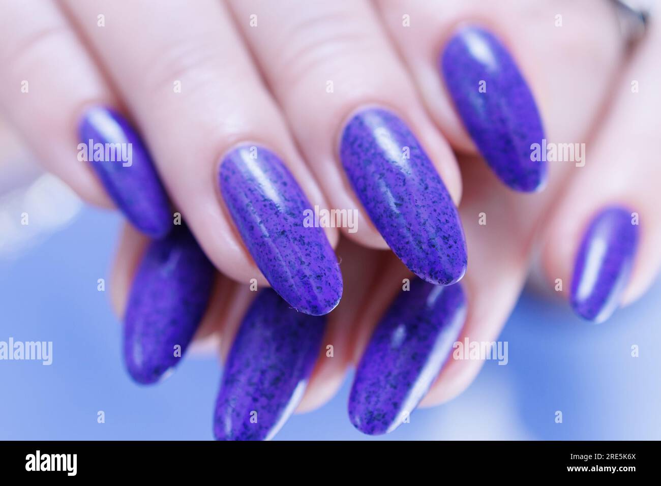 Female hand with long nails and a bottle of light blue lilac color nail ...