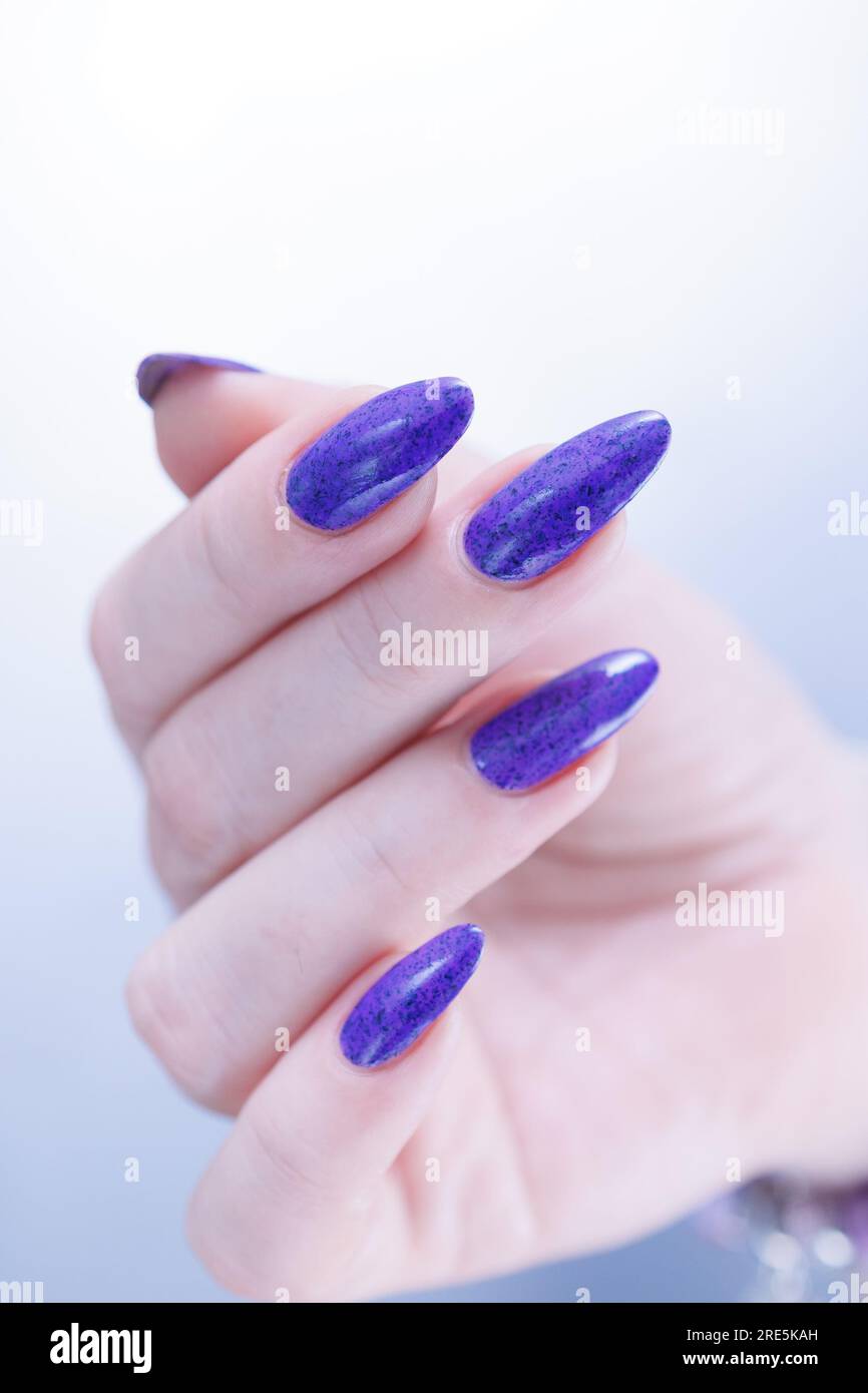 Female hand with long nails and a bottle of light blue lilac color nail ...