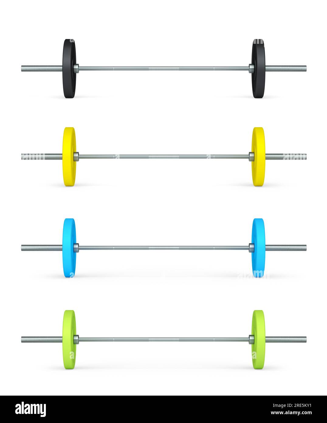 Set of metal barbell with rubber disks shaped handle isolated on white ...