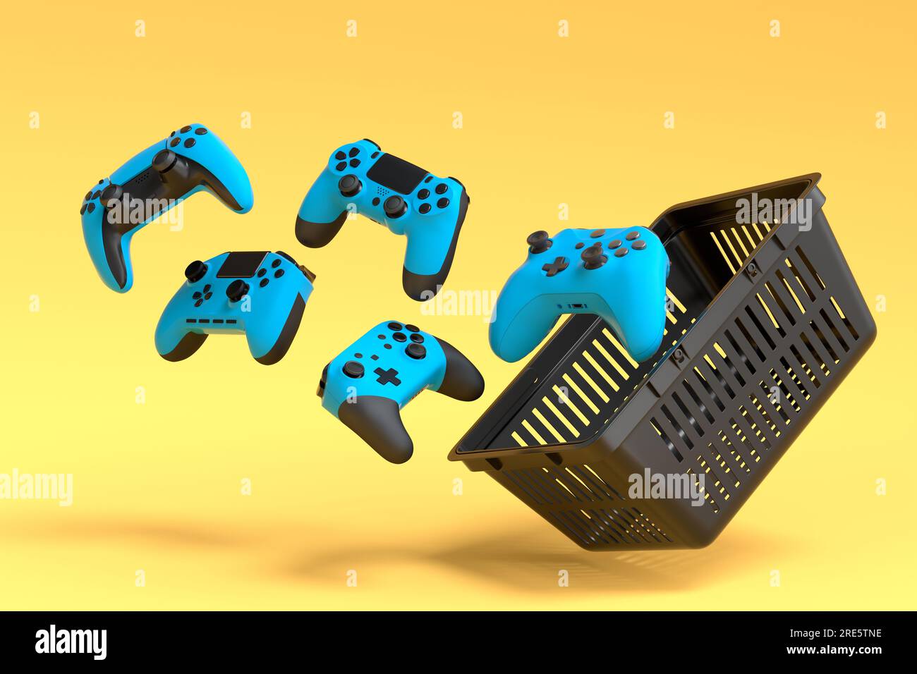 Set of flying gamer joysticks or gamepads in plastic basket on yellow ...