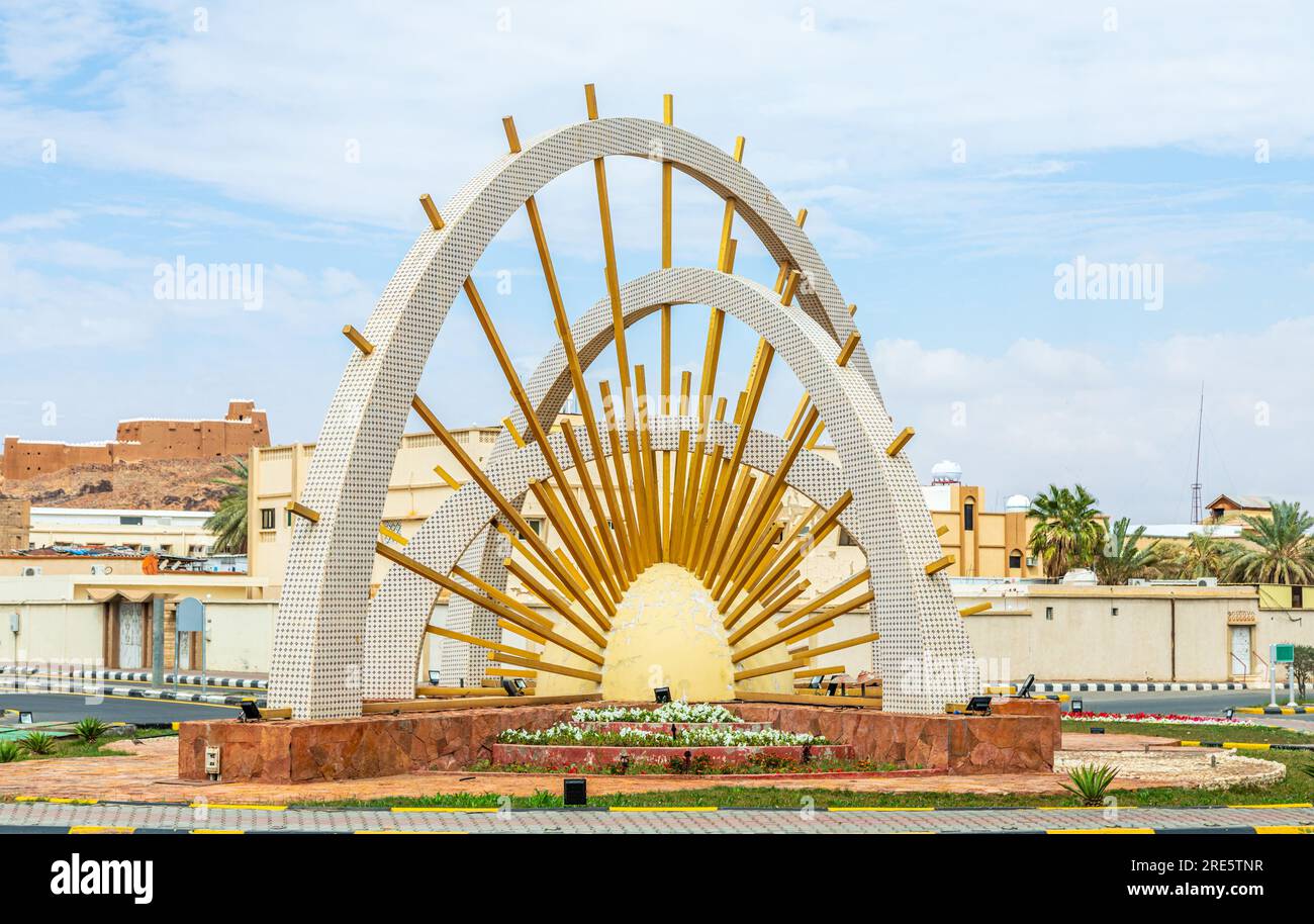 Sun monument with Arabian Aarif fortress standing on the hill in the ...