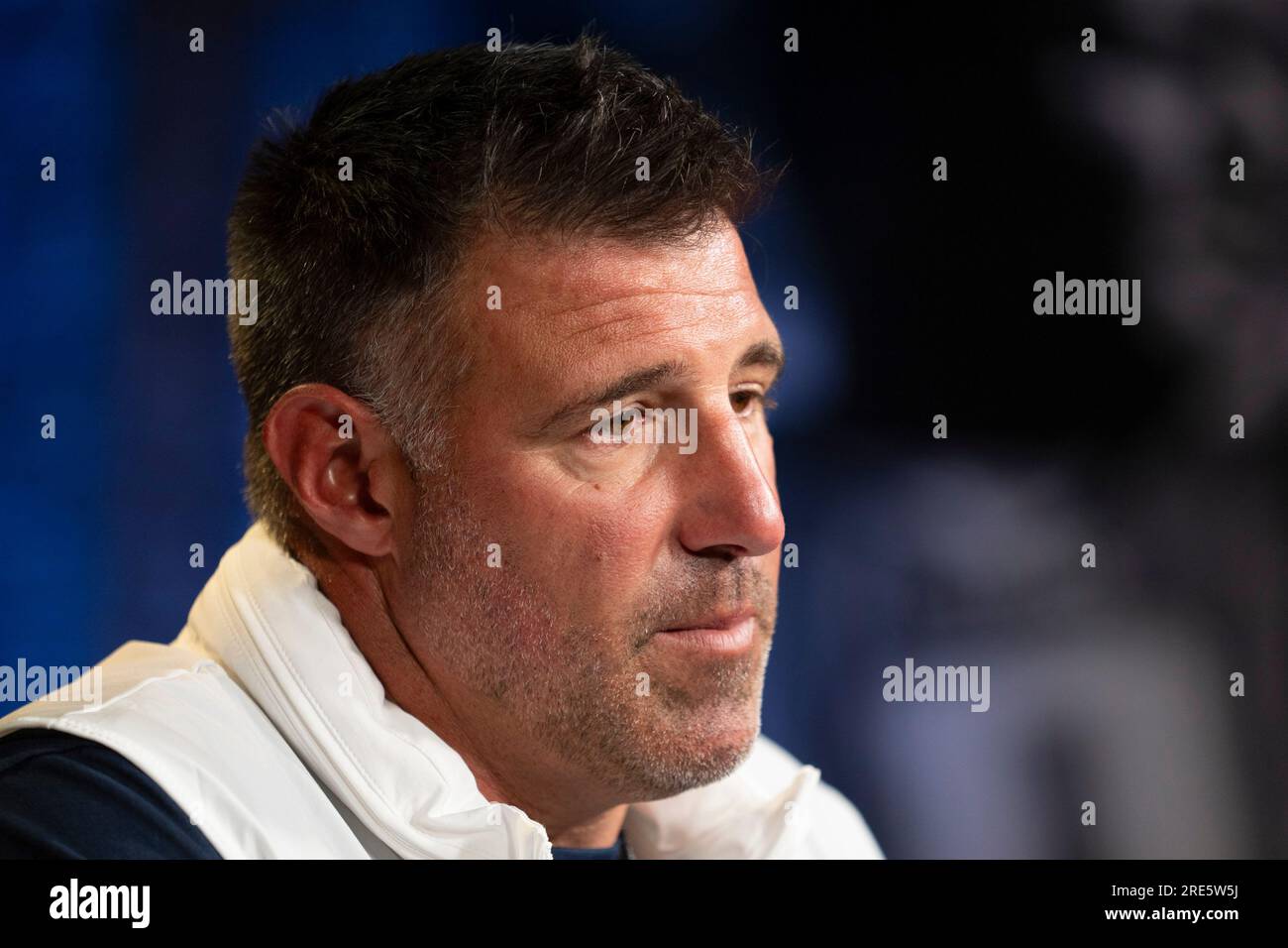 Tennessee Titans head coach Mike Vrabel responds to questions from ...