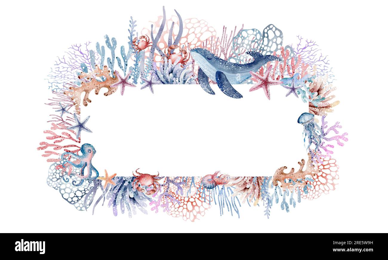 Frame with sea animals. Postcard frame with starfish, whales, crabs ...