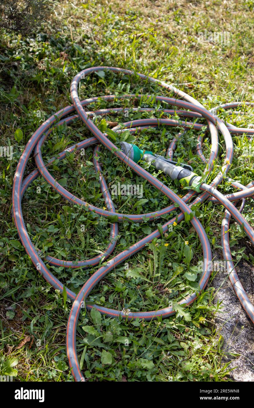 Garden hose on a grass Stock Photo - Alamy