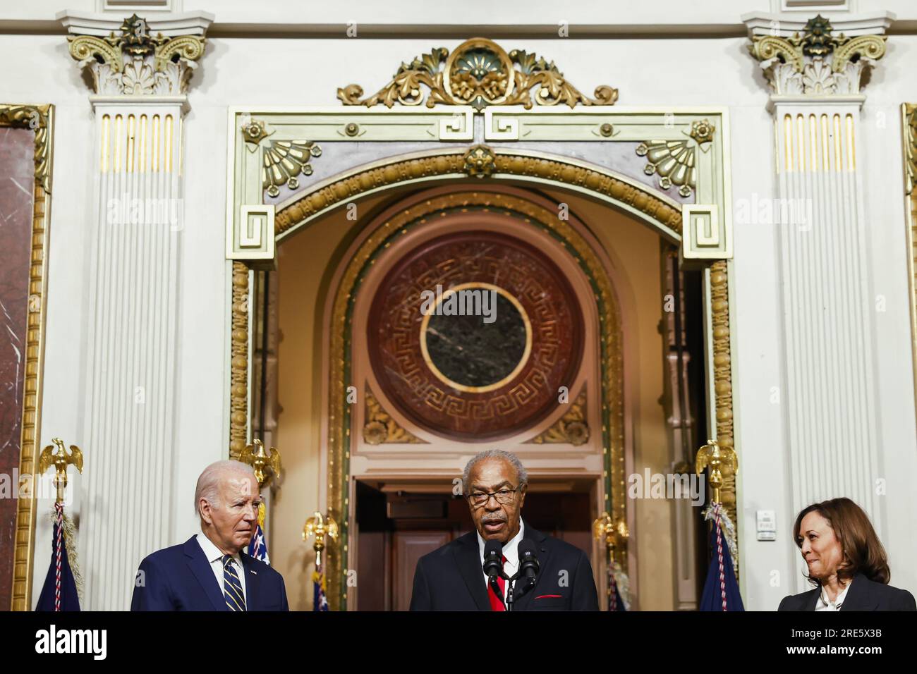 President Joe Biden and Vice President Kamala Harris look on as ...
