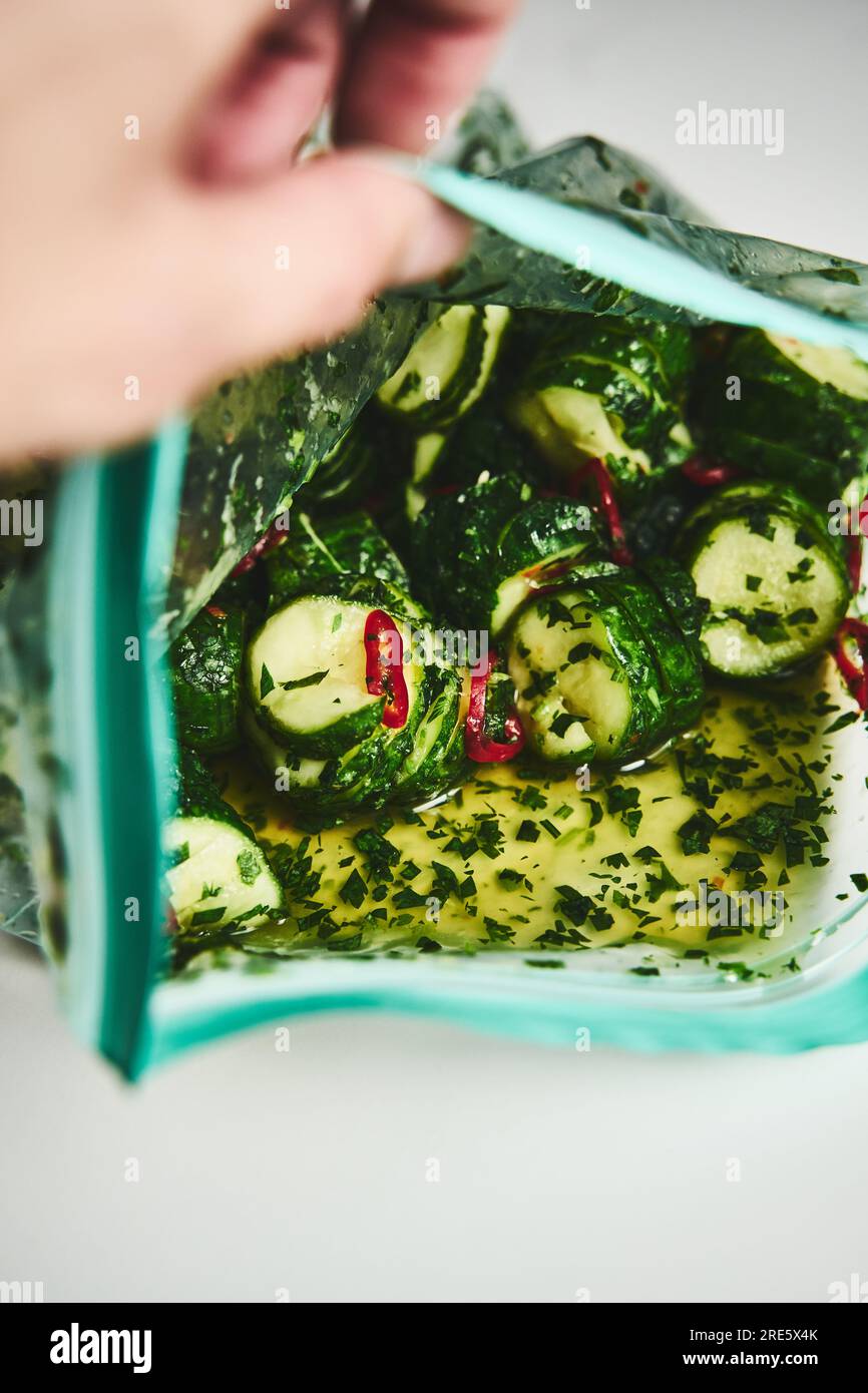 Lightly salted or marinated cucumbers cooked in a bag. Seasoned with ...