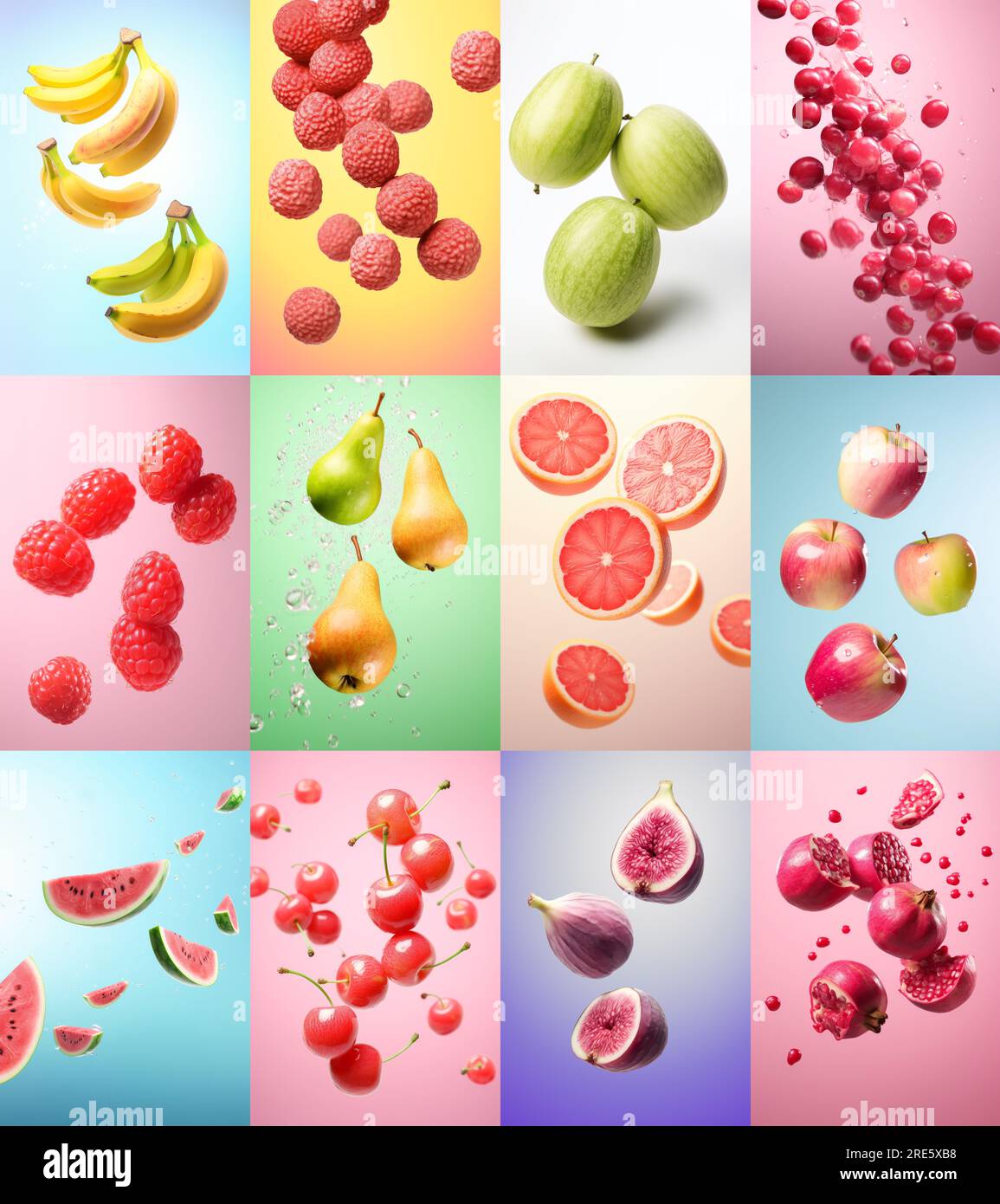 Photo set of berries and fruits. Levitation on pastel plain background ...