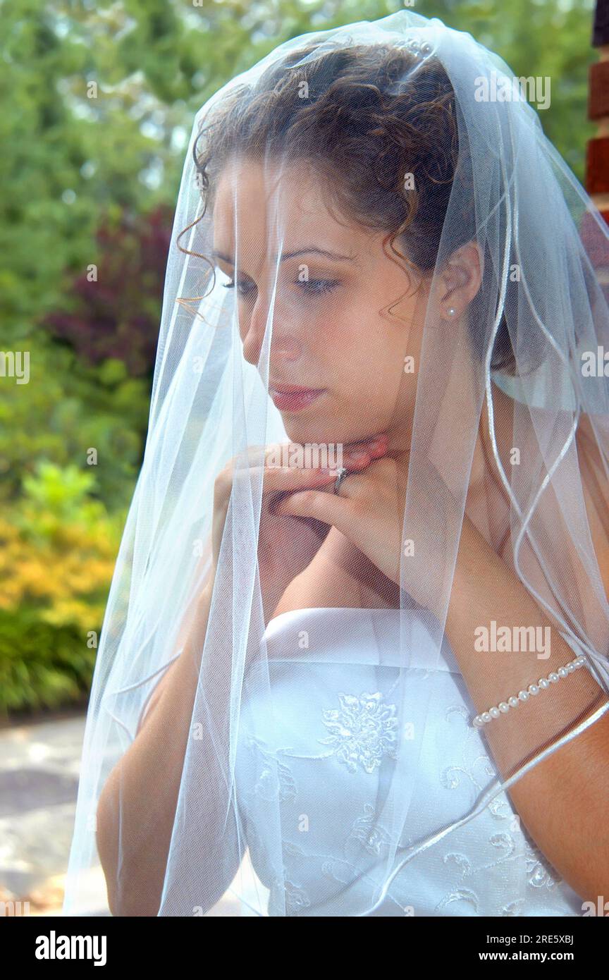 Bride poses beneath a white veil. She is leaning her chin on her hands ...