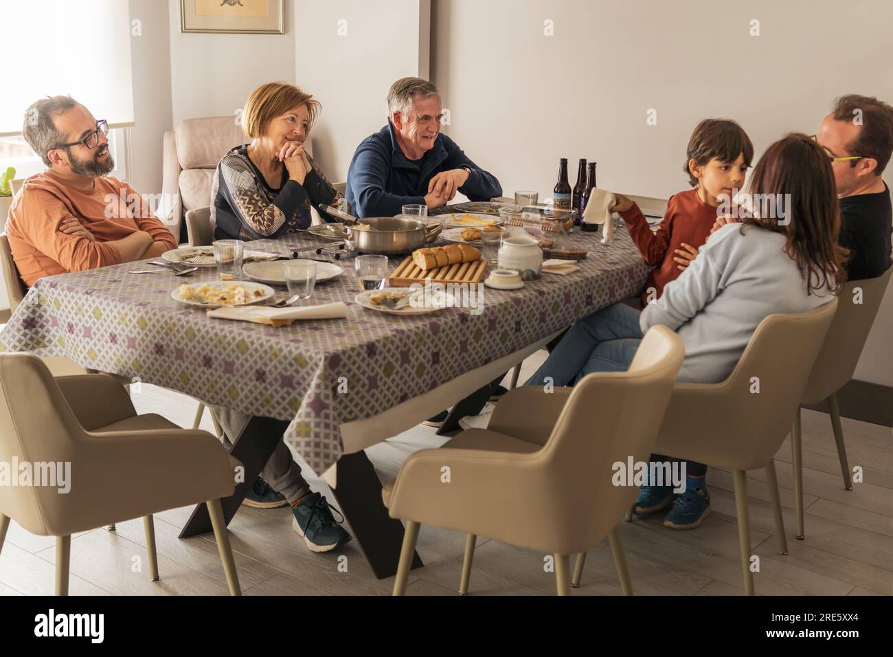 Grandmother, grandfather, father, mother, uncle and son having lunch ...