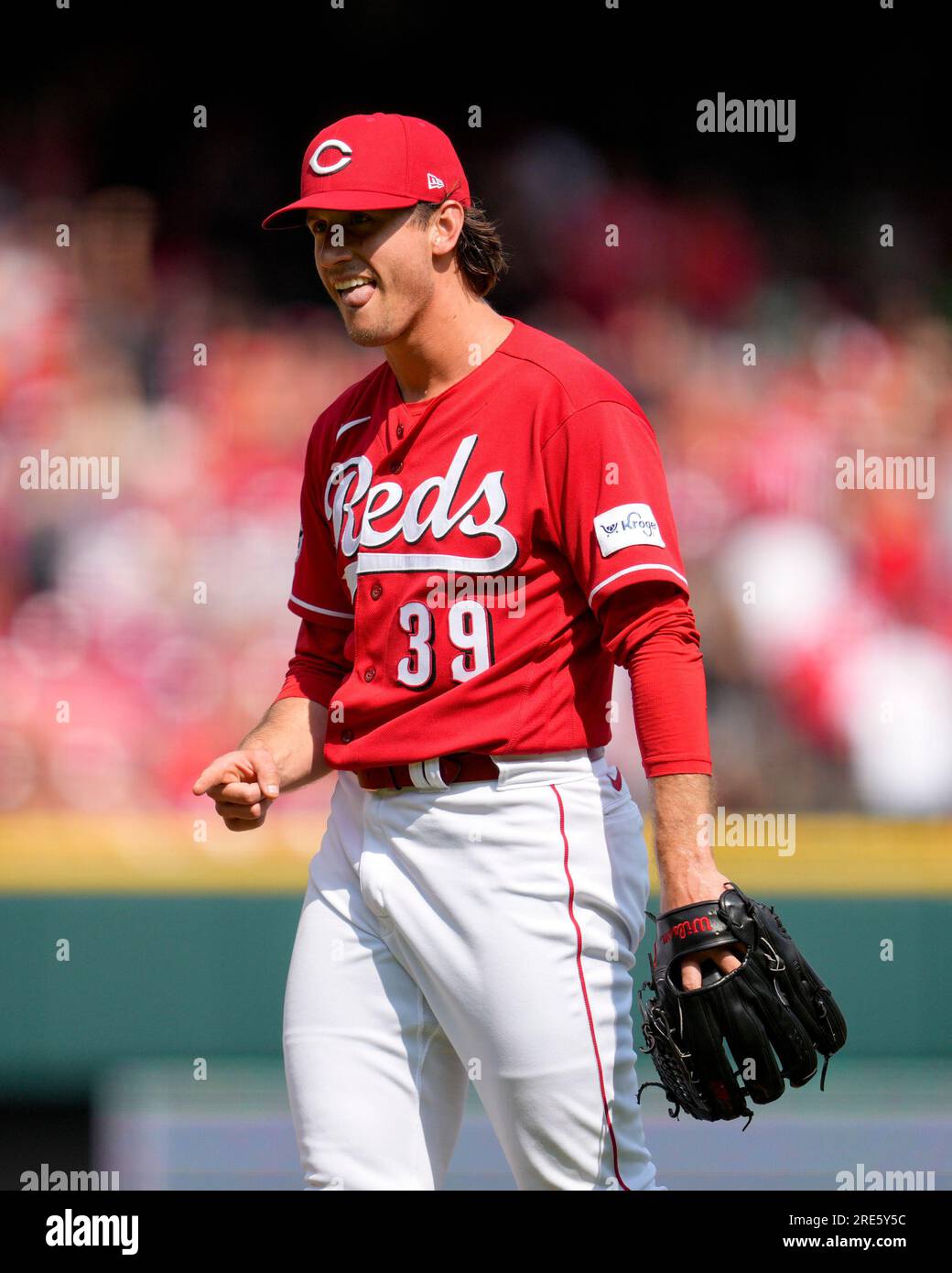 Cincinnati Reds relief pitcher Lucas Sims (39) reacts after a baseball ...