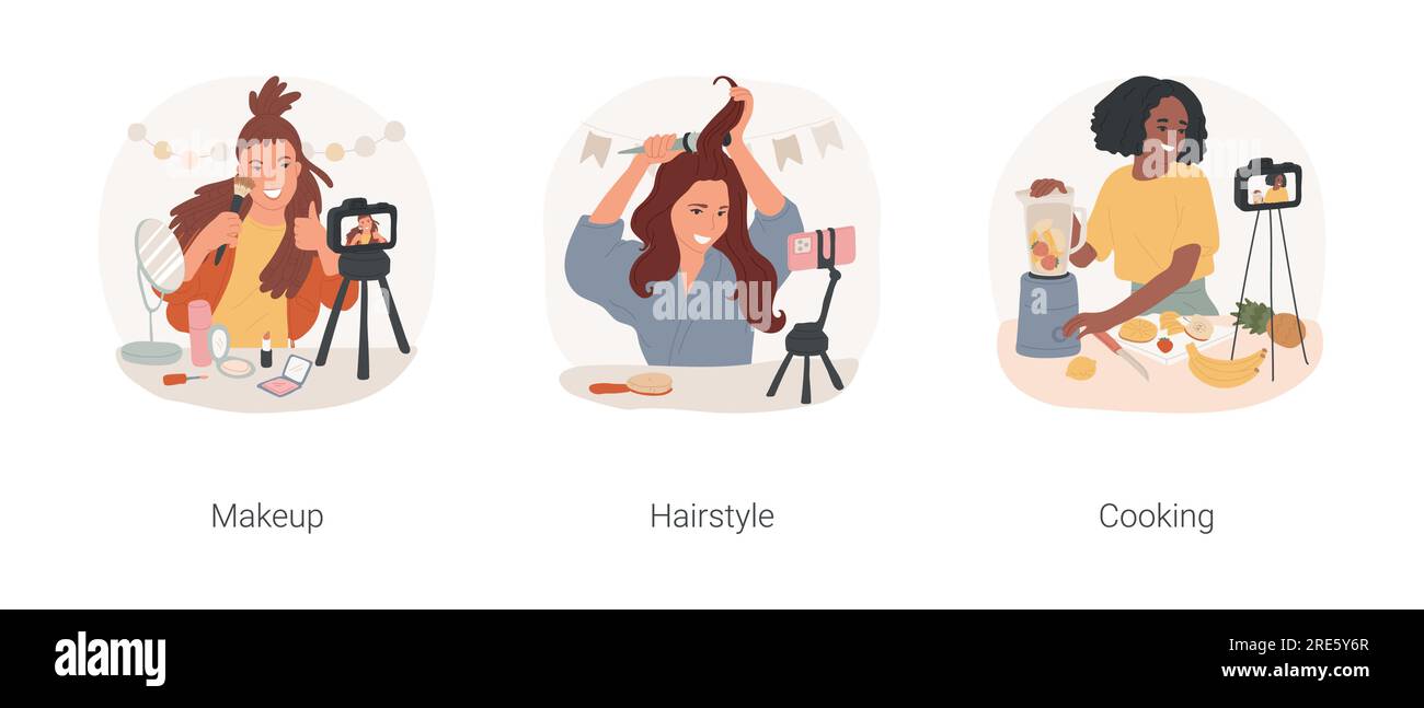 Video tutorials isolated cartoon vector illustration set. Cheerful teenage girl recording makeup ...