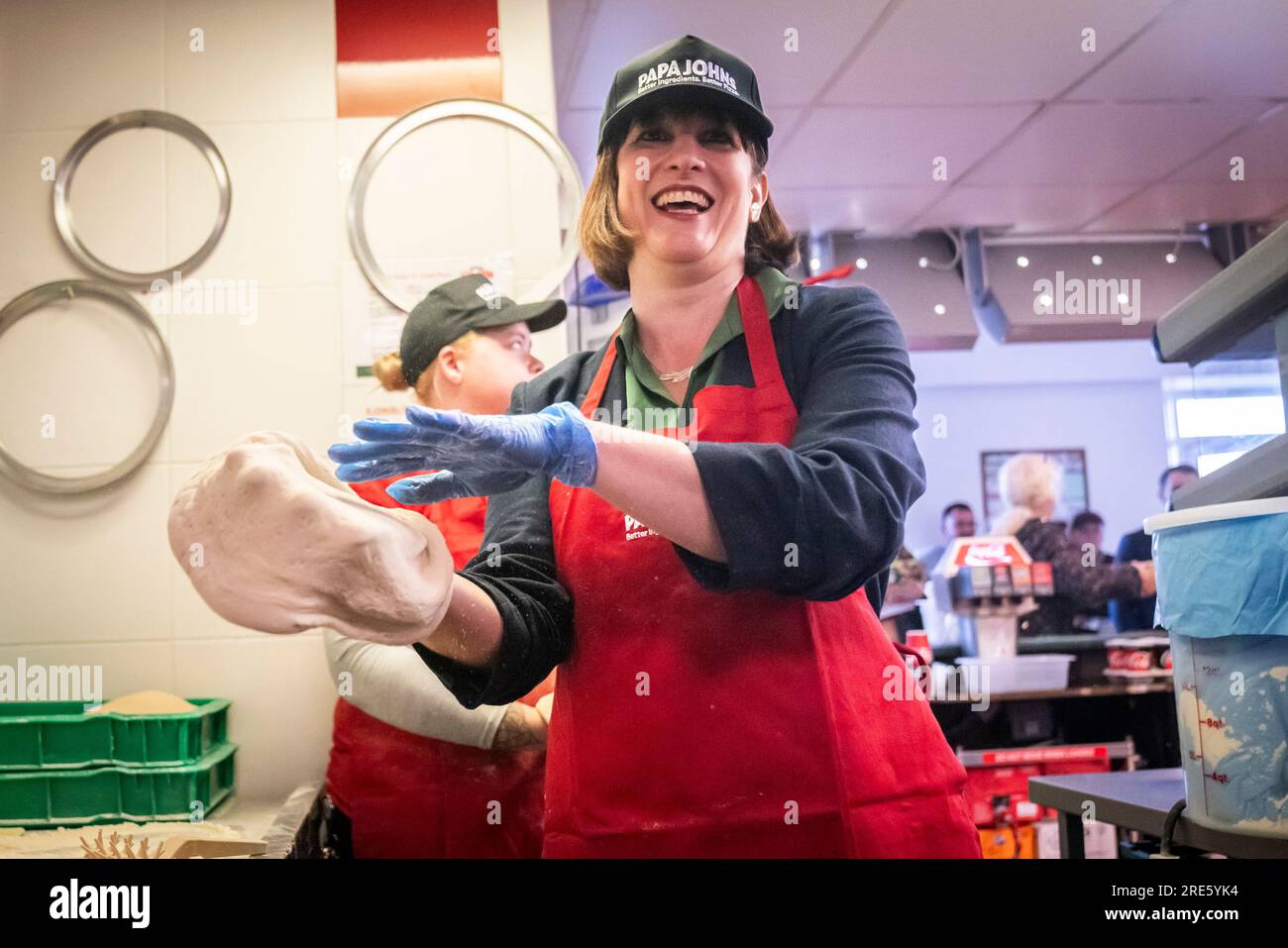Shadow chancellor Rachel Reeves makes pizza at Papa Johns during a ...
