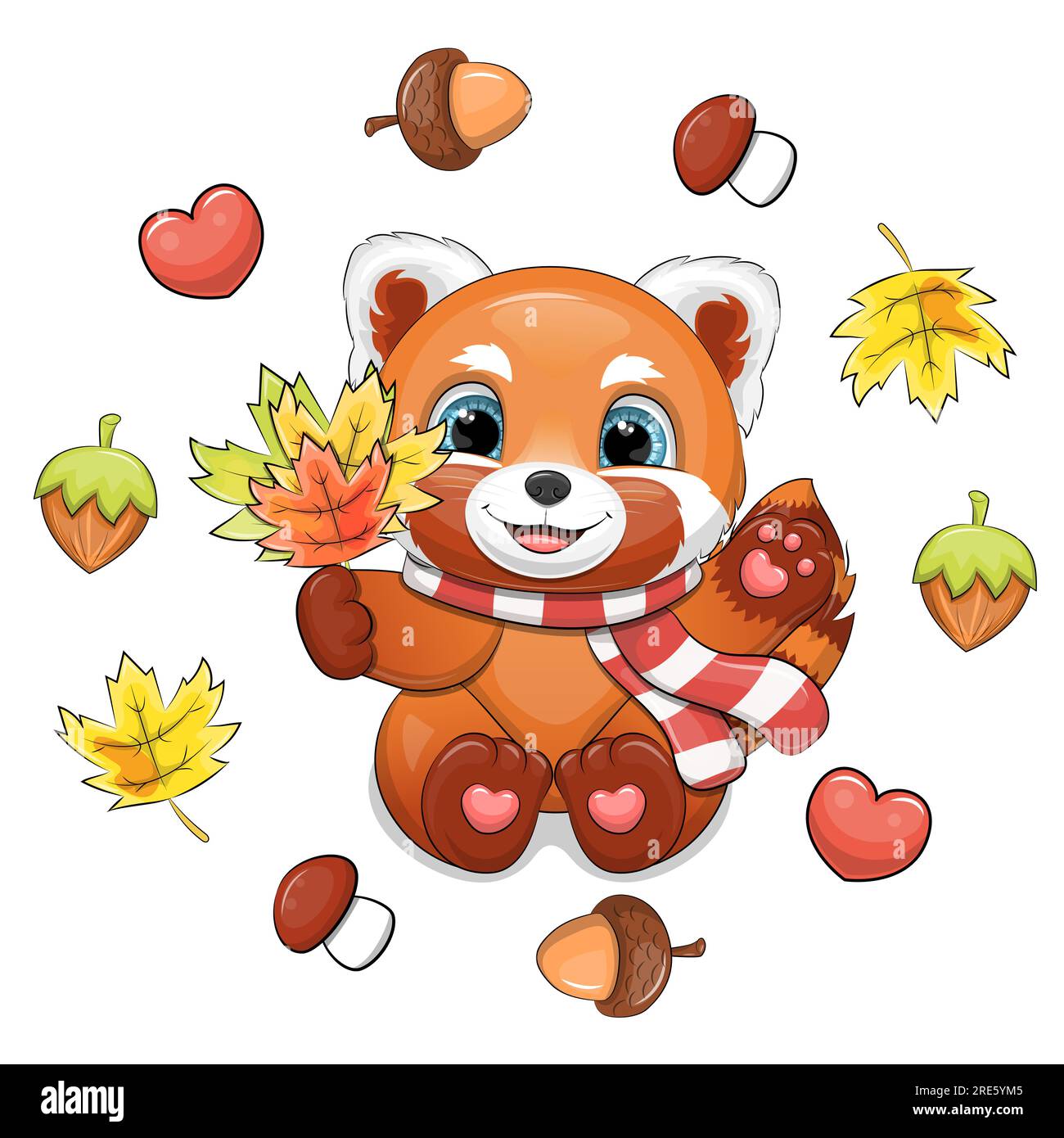 Cute cartoon red panda with a scarf and fallen leaves in an autumn ...