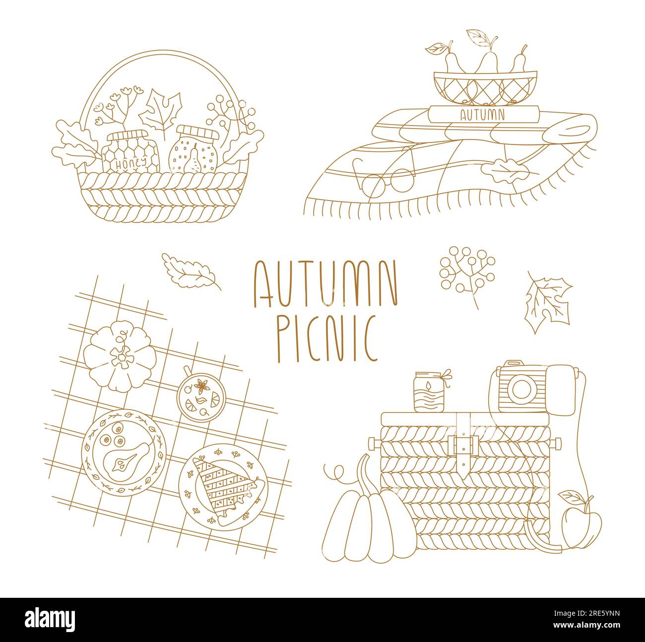 Cozy autumn picnic scene with blanket, basket, fruit, berry, for card ...