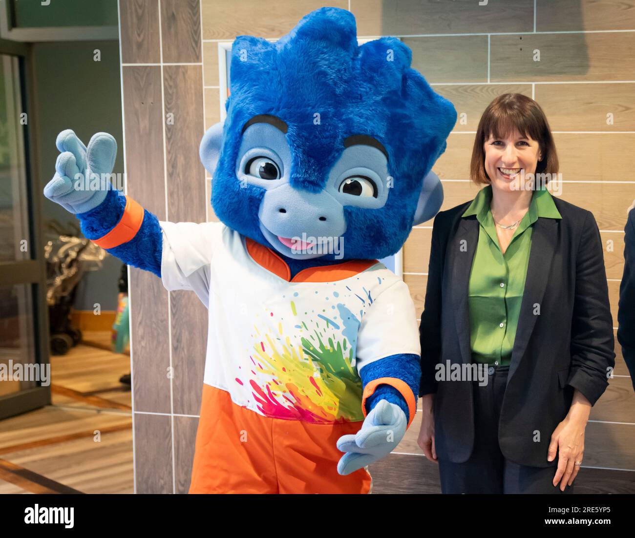 Shadow chancellor Rachel Reeves poses for a photograph with a mascot ...