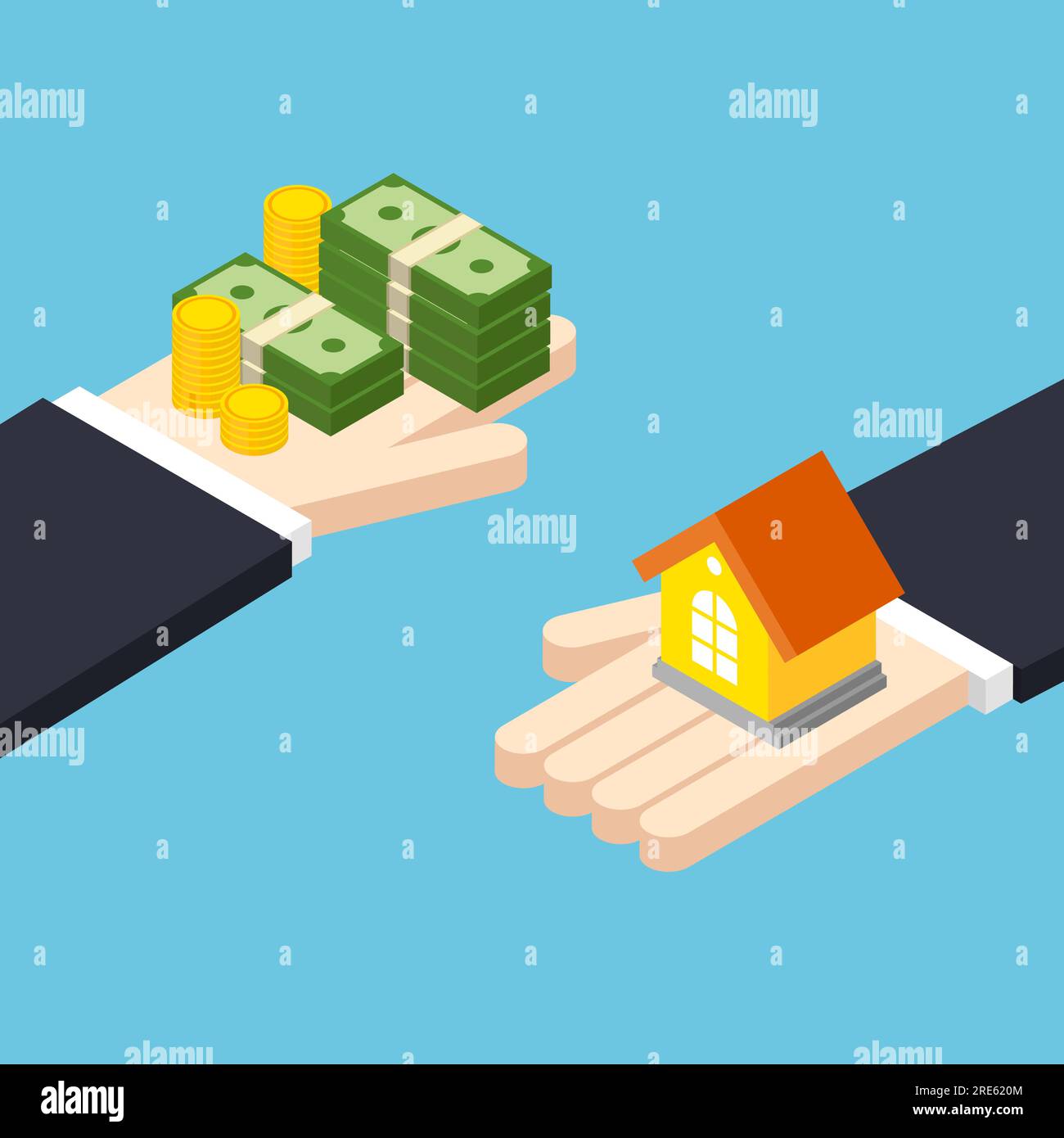 Isometric hands hold money and small house. Purchase of property ...