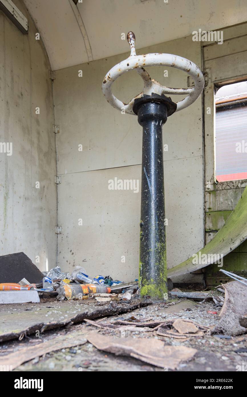 Abandoned and deteriorating railway carriages at Hellifield station in ...
