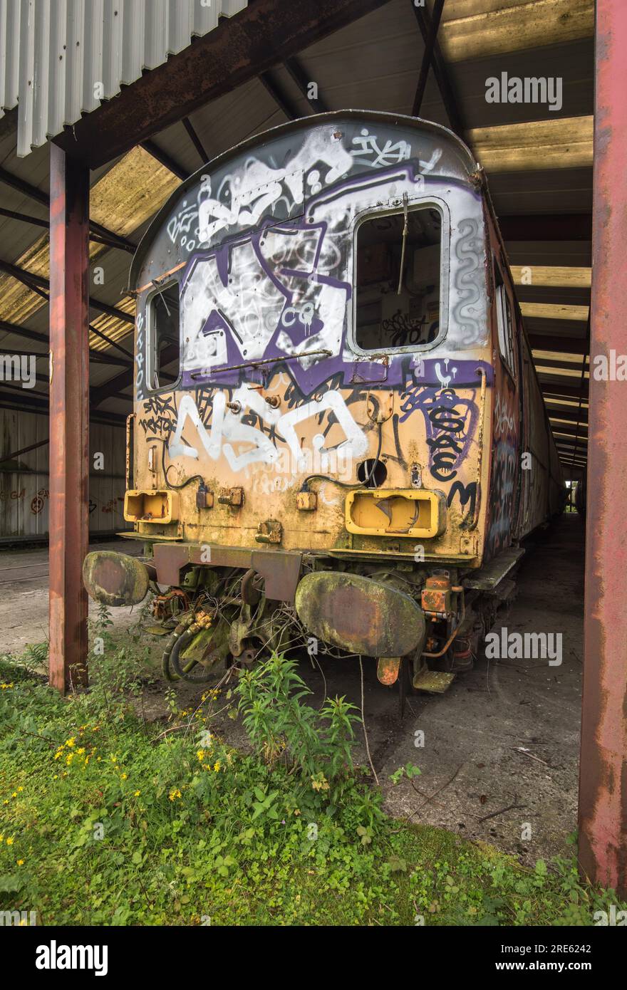 Abandoned and deteriorating railway carriages at Hellifield station in ...