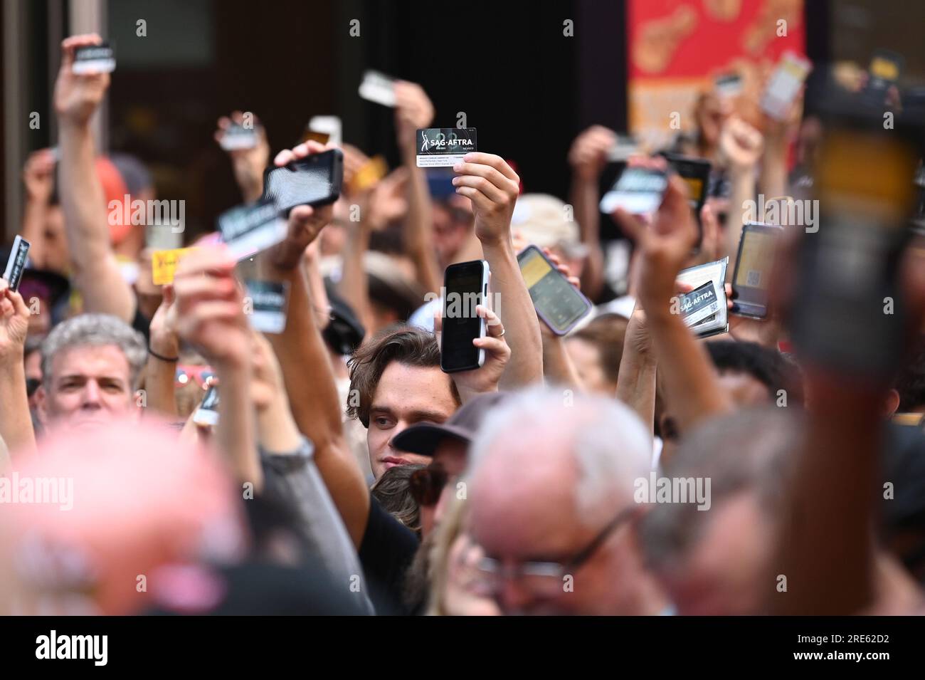 New York, USA. 25th July, 2023. Member of SAG-AFTRA hold up their ...