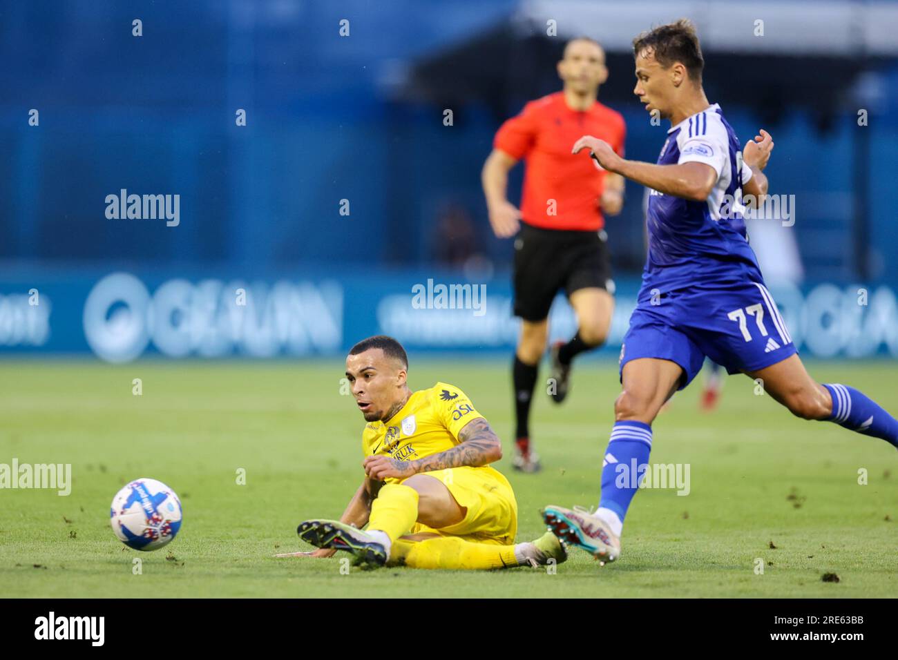 Zagreb, Croatia. 25th July, 2023. Max Ebong of Astana and Dario Spikic ...