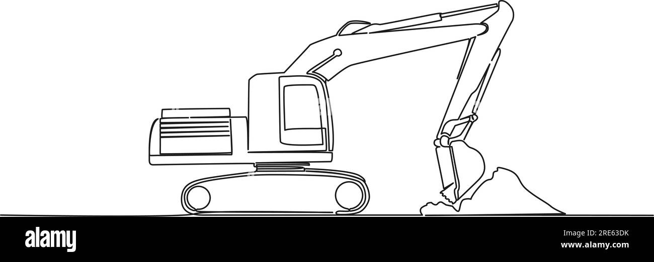 continuous single line drawing of excavator, line art vector ...