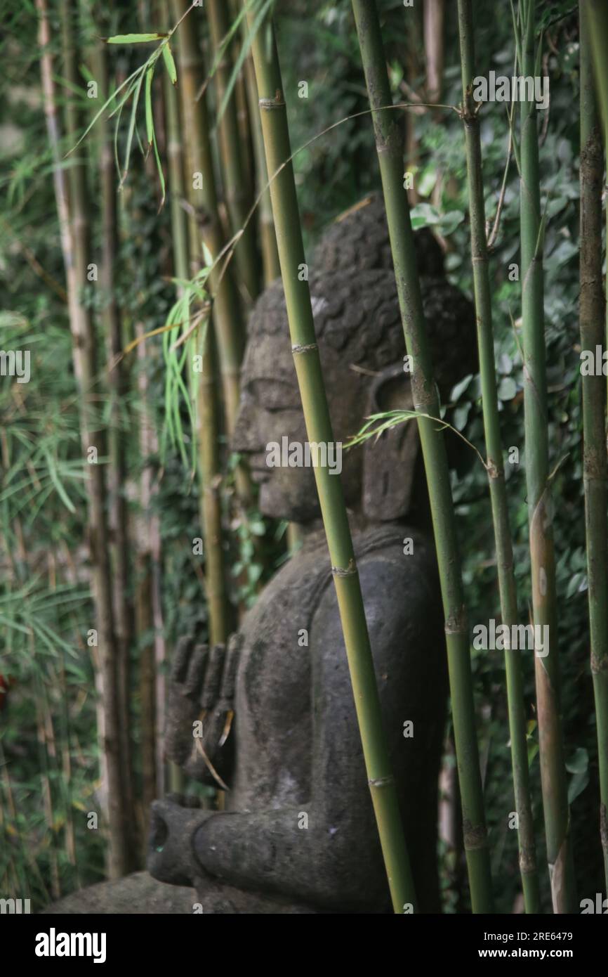 Traditional Balinese stone statue in bamboo garden Stock Photo - Alamy