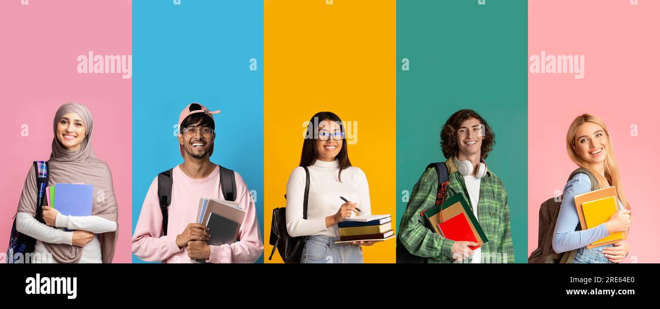 Multiethnic group of cheerful students posing on colorful backgrounds ...